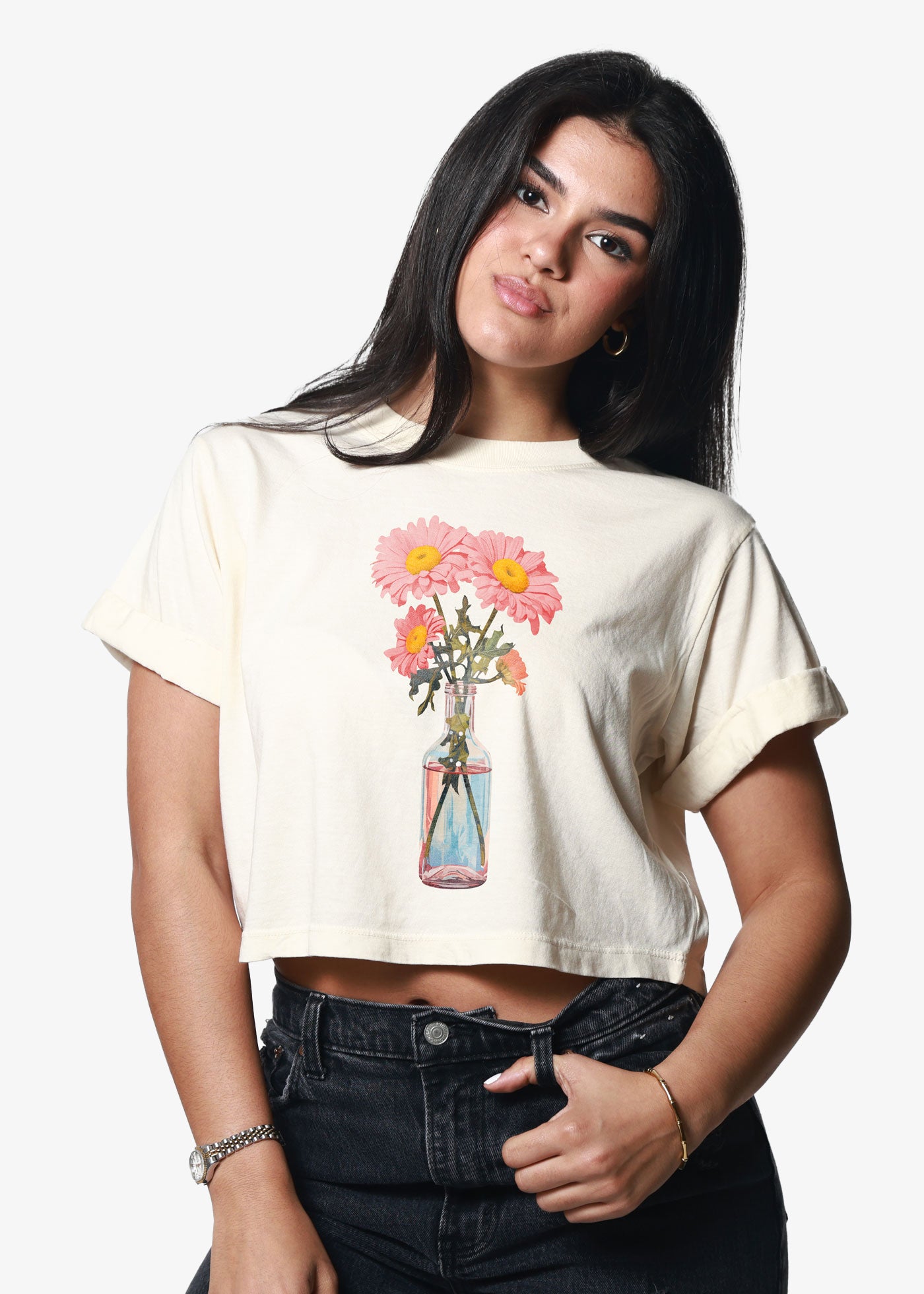 Summer Vase Off White Cropped Boyfriend Tee